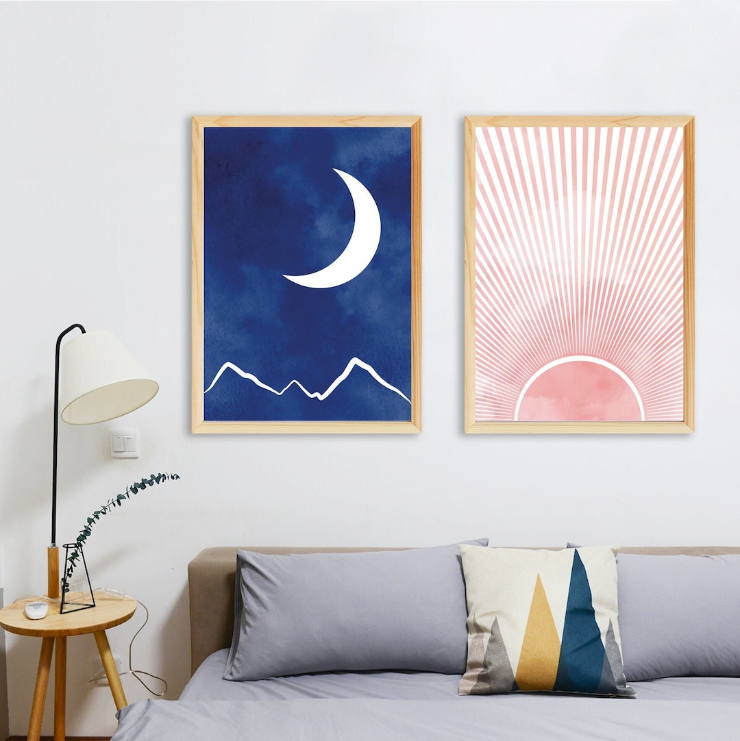 Moon Poster, Sun Poster, Blush Pink Wall Art, Light Pink Wall Art, Navy ...