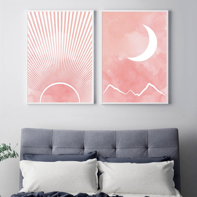 Light Pink Prints, Sun and Moon Print, Sun Poster, Light Pink Wall Art ...