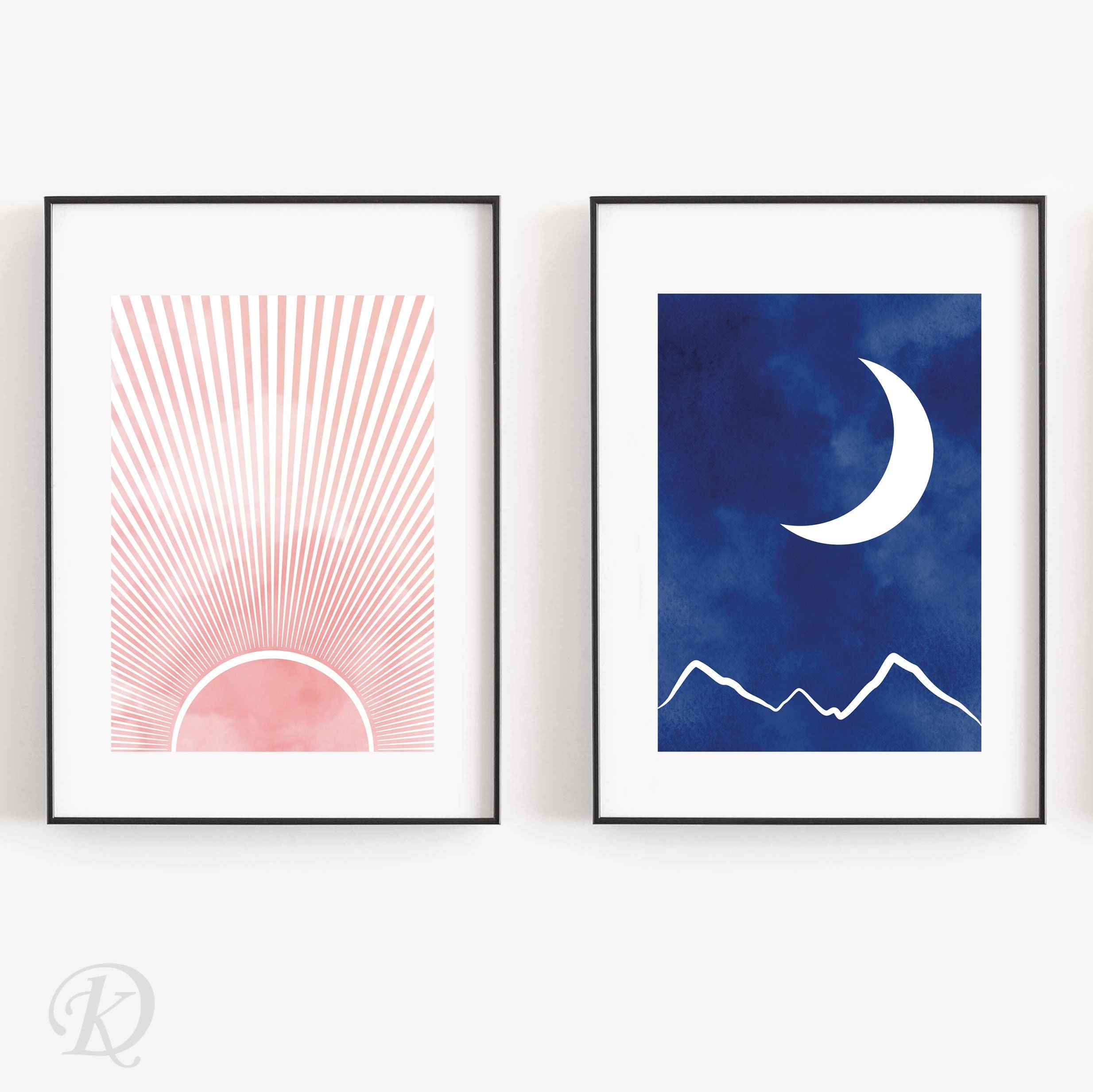 Moon Poster, Sun Poster, Blush Pink Wall Art, Light Pink Wall Art, Navy ...