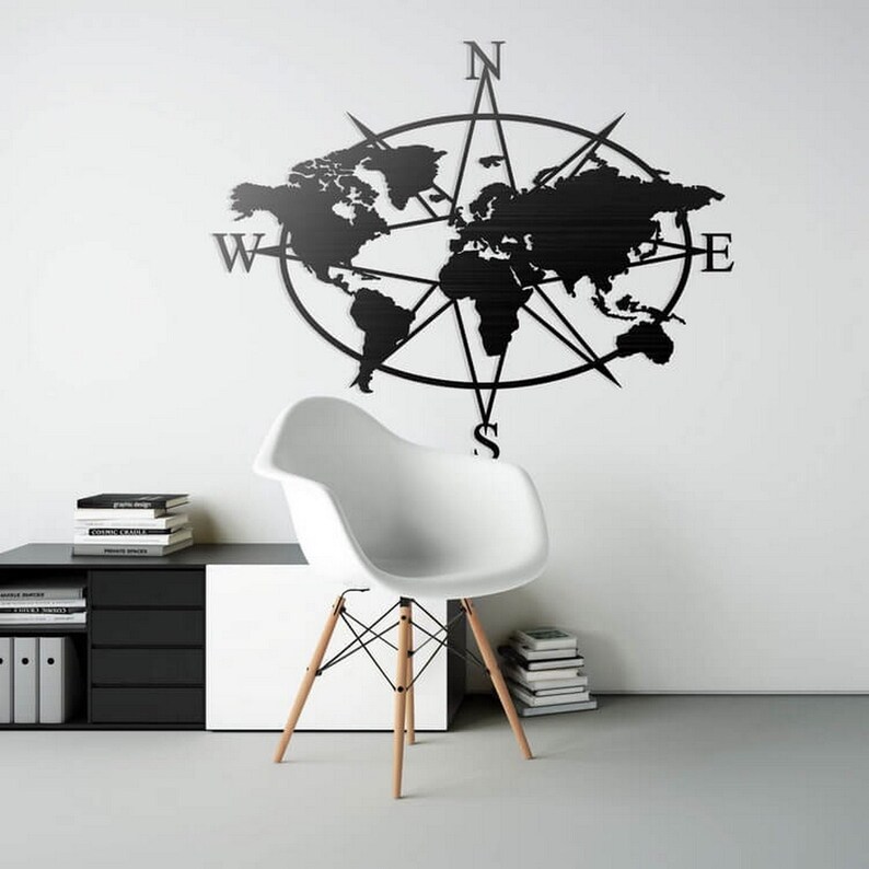 Wall Décor World Map Steel World Map XL Compass Metal World Map Big ...