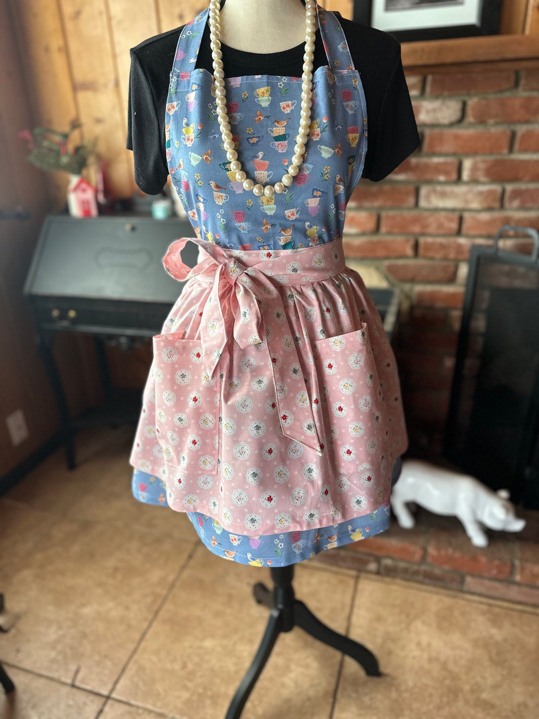 Full Two Tier Apron of Birds,teacups,and Flowers, Slate Blue and Pink ...
