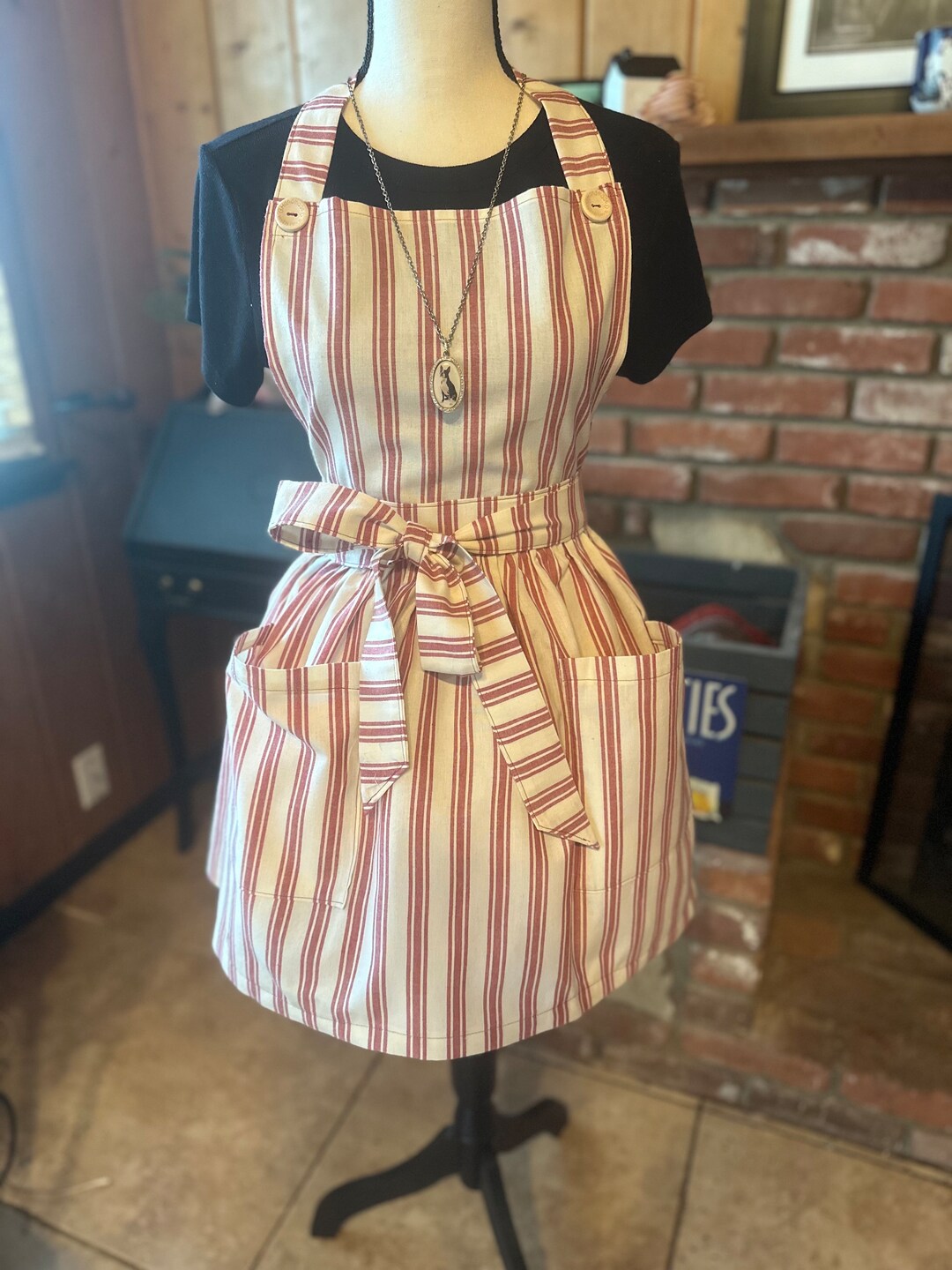 Vintage Style Ticking Fabric Full Apron, Ladies Apron, Red and Cream ...