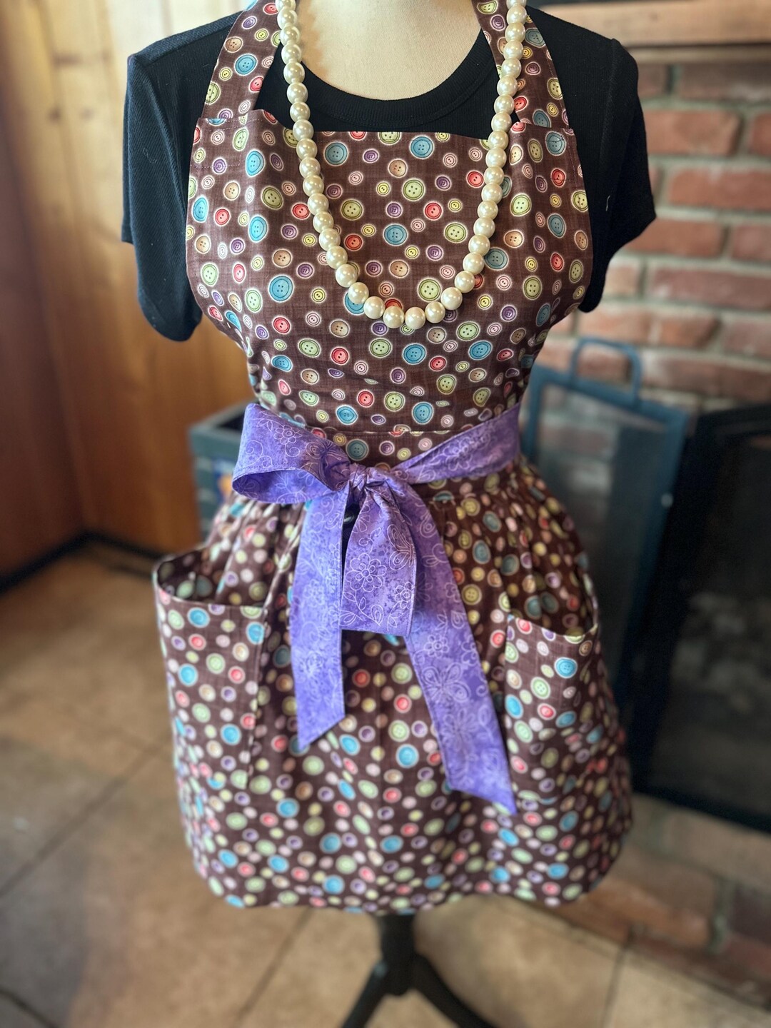 Adorable Variety of Buttons Full Apron, Brown Colored Full Apron ...