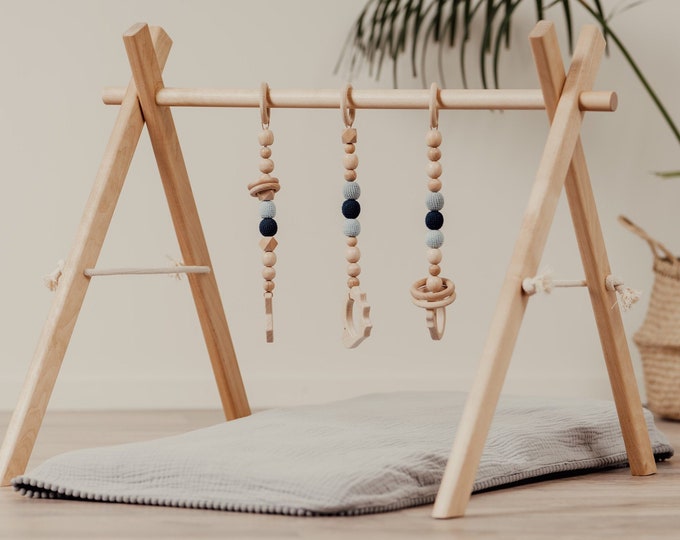 Wooden Baby Gym for Toddler, Baby Gym Frame and 5 Pieces Hanging Toys ...