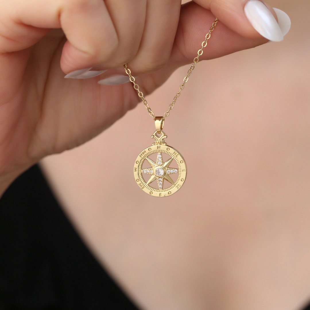 Gold Compass Necklace, Gold Filled Coordinate Necklace, North Star ...