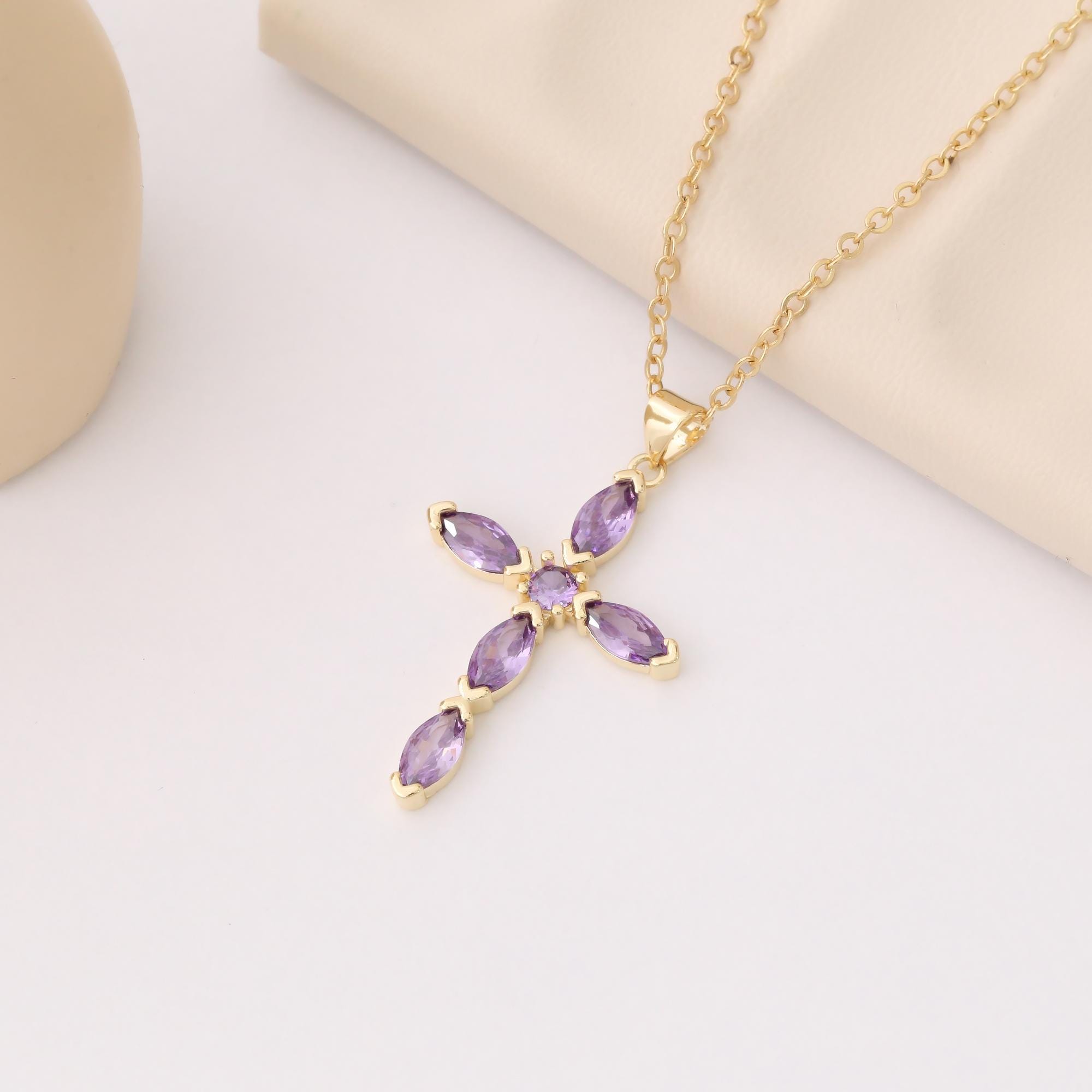 Gold Purple Cross Necklace, Amethyst Colour CZ Pendant,elegant ...