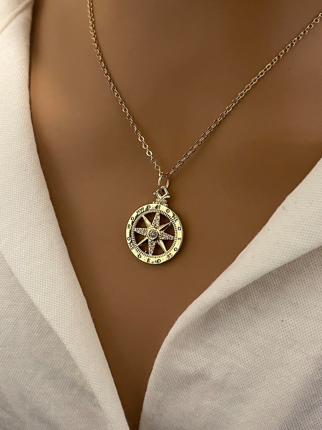 Gold Compass Necklace, Gold Filled Coordinate Necklace, North Star ...