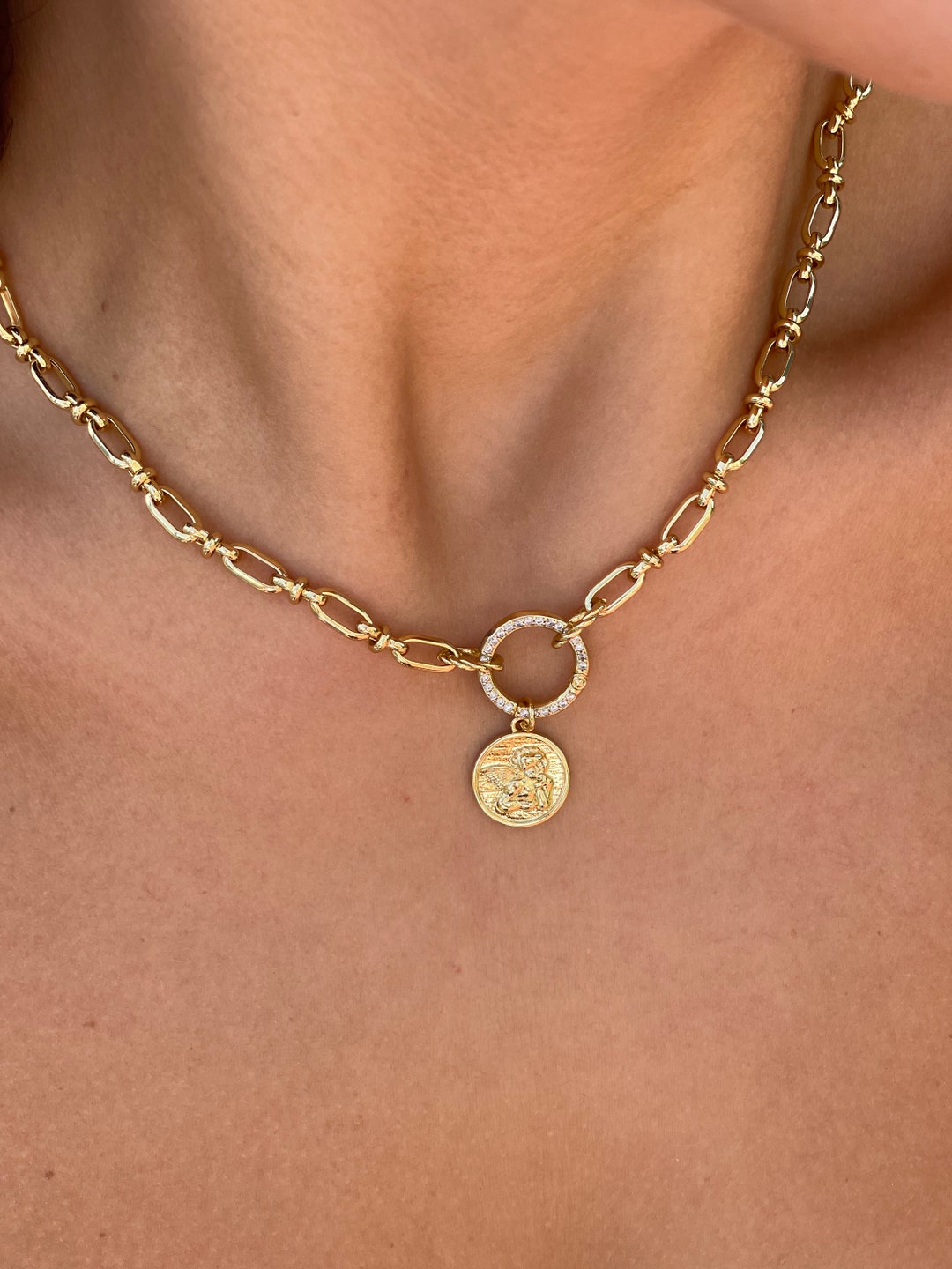 Gold Guardian Angel Necklace, 18K Gold Filled Medallion Necklace ...