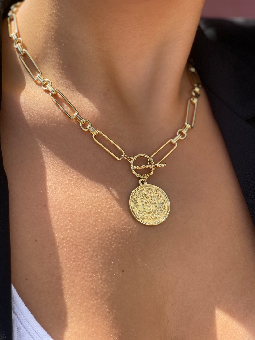 Statement Toggle Clasp Necklace, Medallion Coin Pendant, Chunky ...