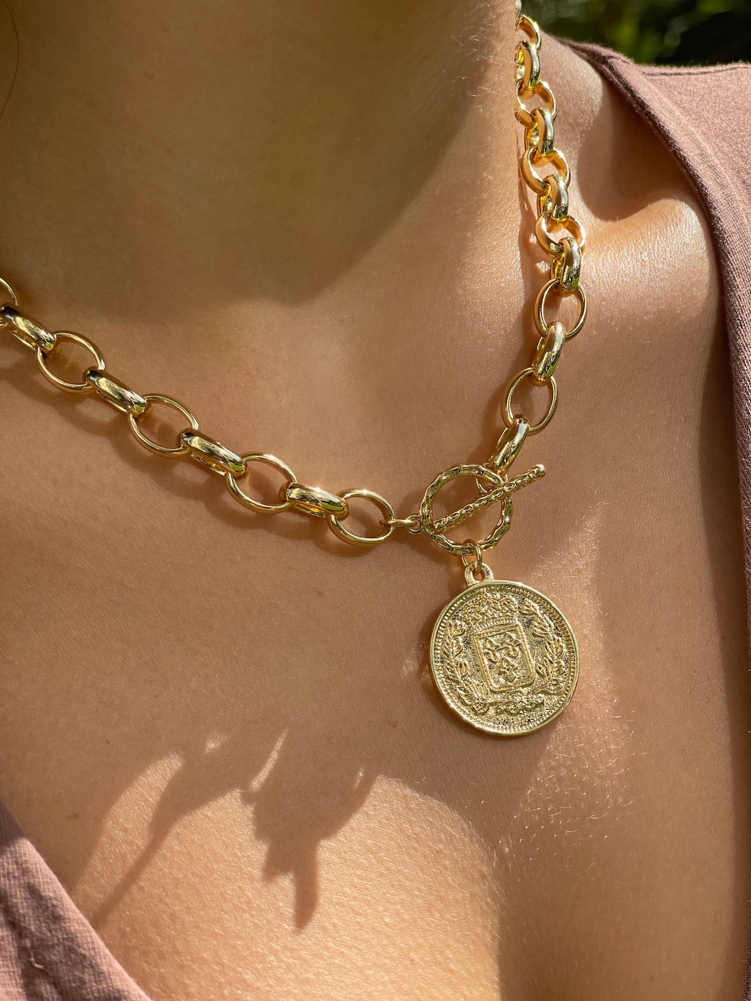 Gold Coin Necklace, 18k Gold Filled Medallion Necklace, Link Chain ...