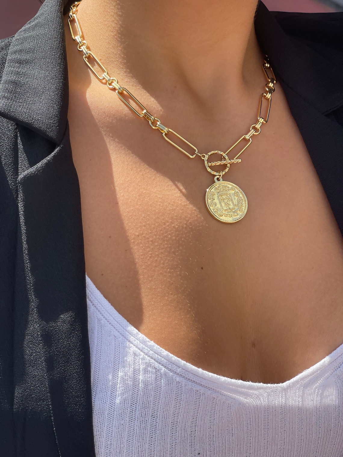 Statement Toggle Clasp Necklace Medallion Coin Pendant - Etsy
