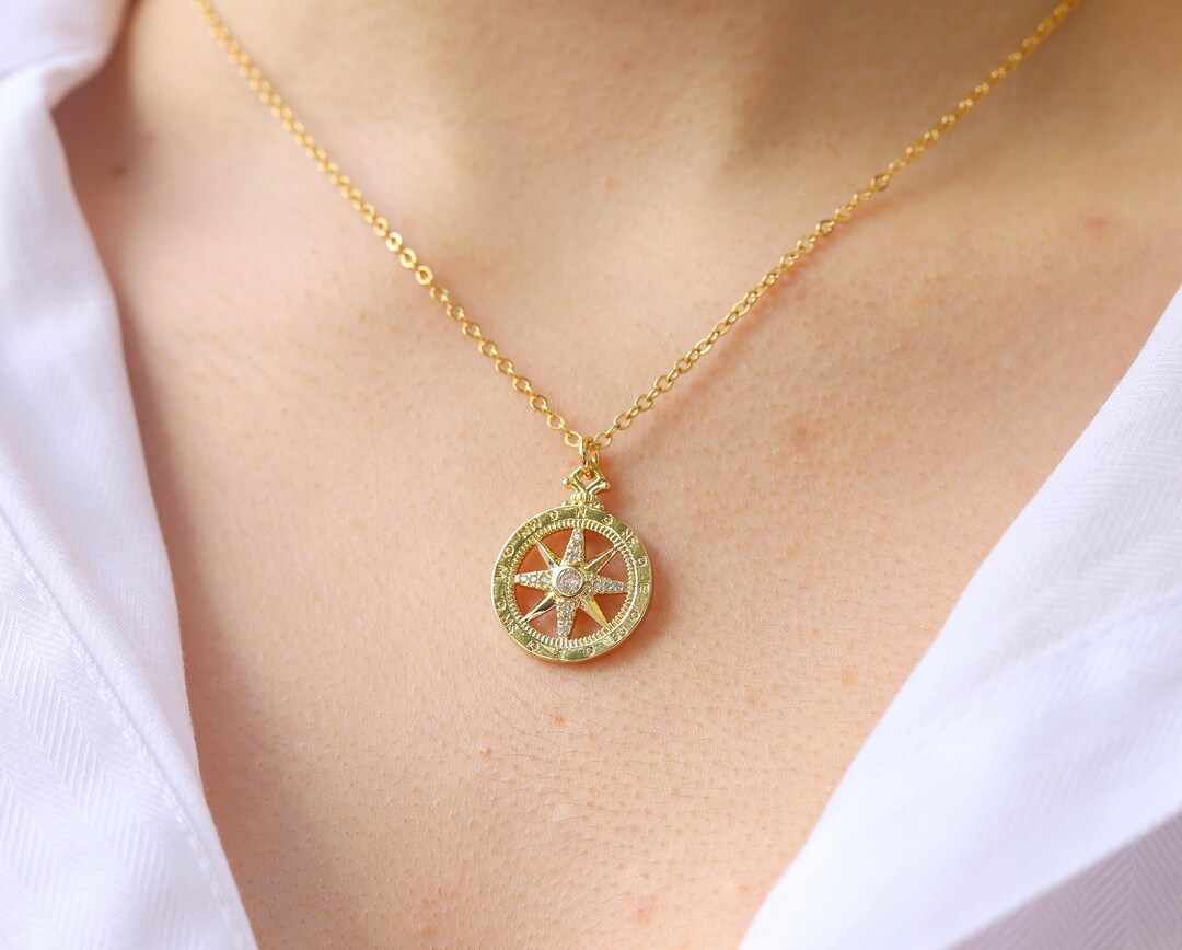 Gold Compass Necklace, Gold Filled Coordinate Necklace, North Star ...