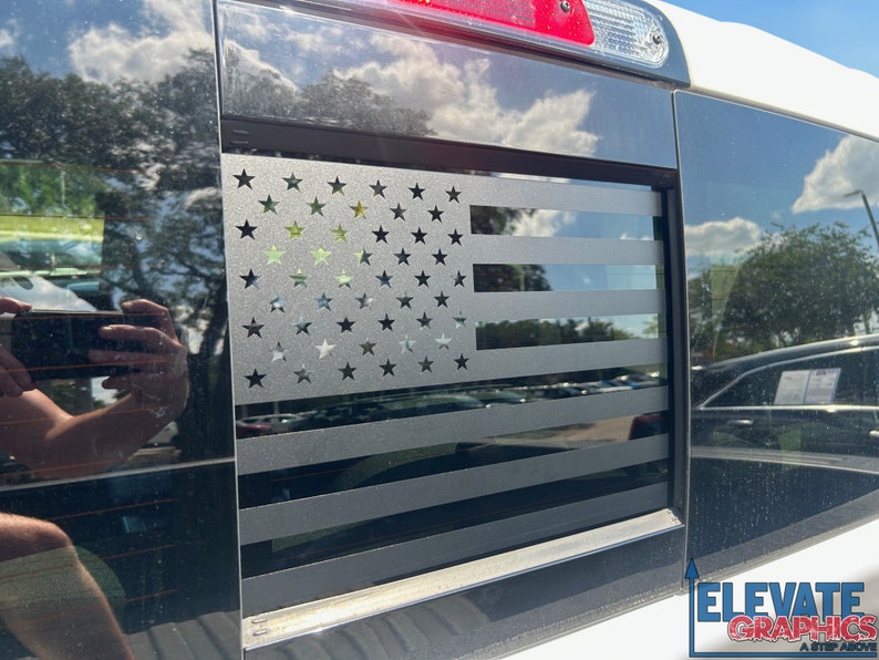 2002-2024 Fits Ram 1500 Rear Sliding Window Clean Flag Mountain Decals ...
