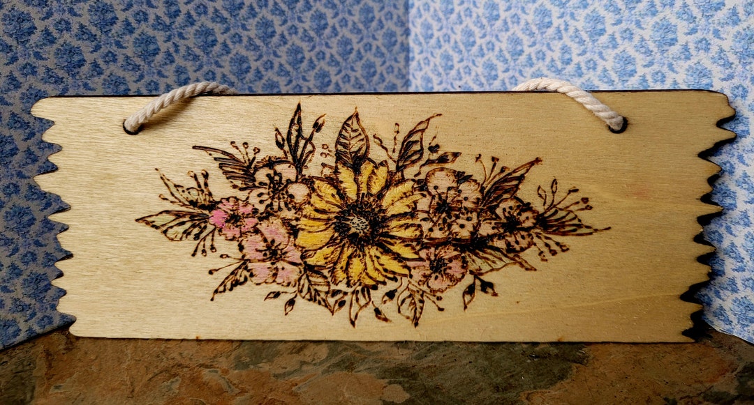 Pyrography Art, Flower Design, Wooden Sign, Wall Hanging, Hand Engraved ...