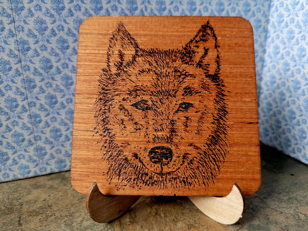Wolf Engraved Teak Coaster/sign – Hand Pyrography Wolf Head Design Wood ...