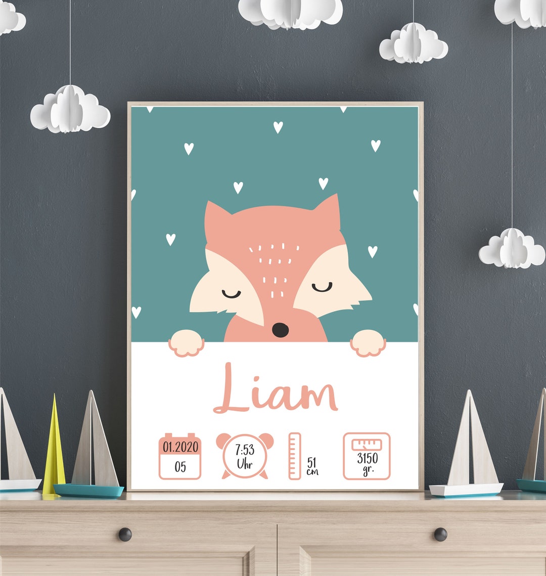Personalized Mural / Milestone / Poster Birth / Birth Notice / Fox ...