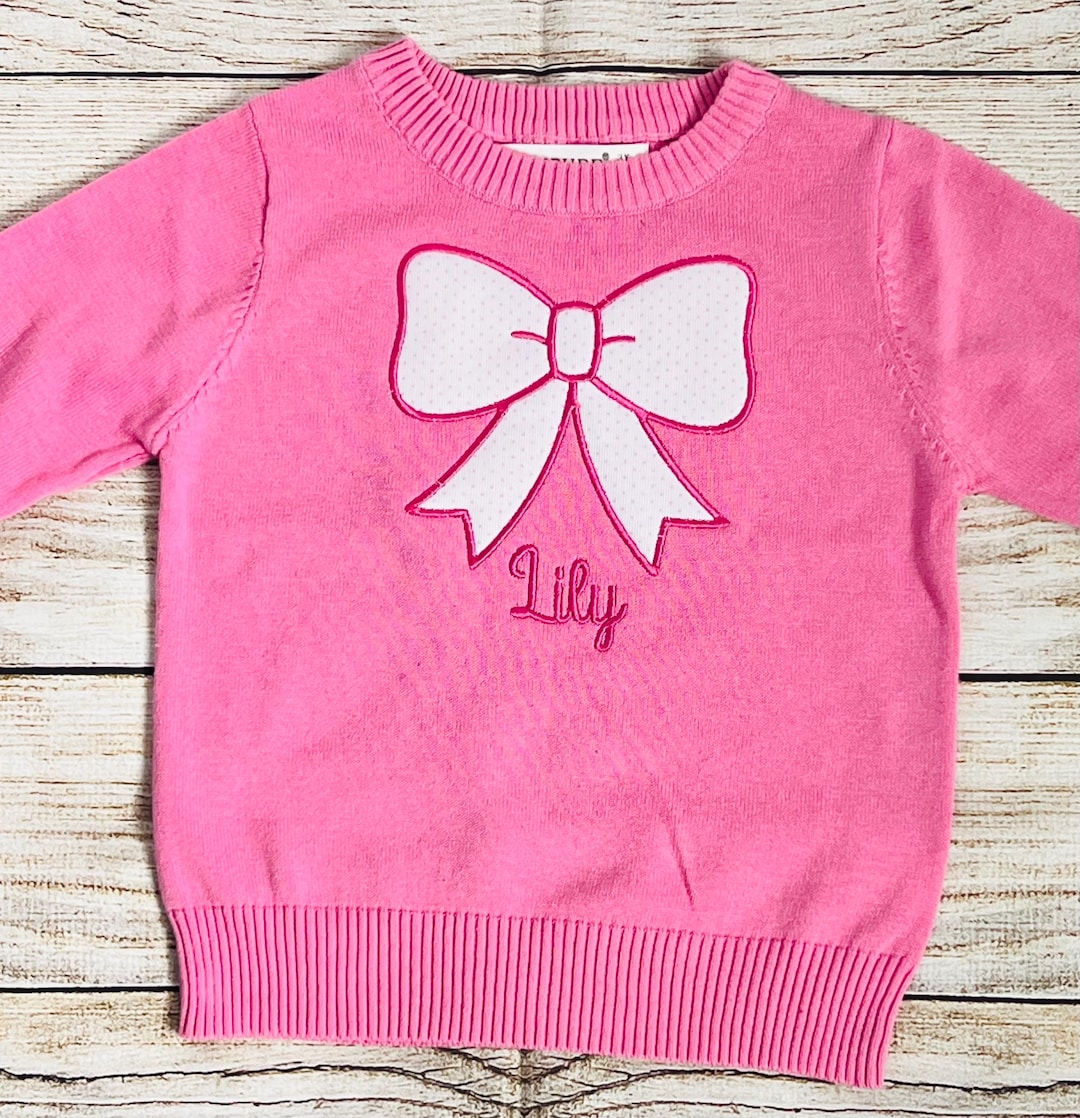 Girls Pink Bow Monogram Sweater, Embroidered Valentine - Etsy