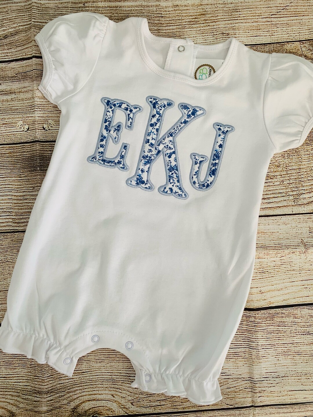 Girls Blue Floral Monogram Short Sleeve Romper, Toddler and Baby Girl ...