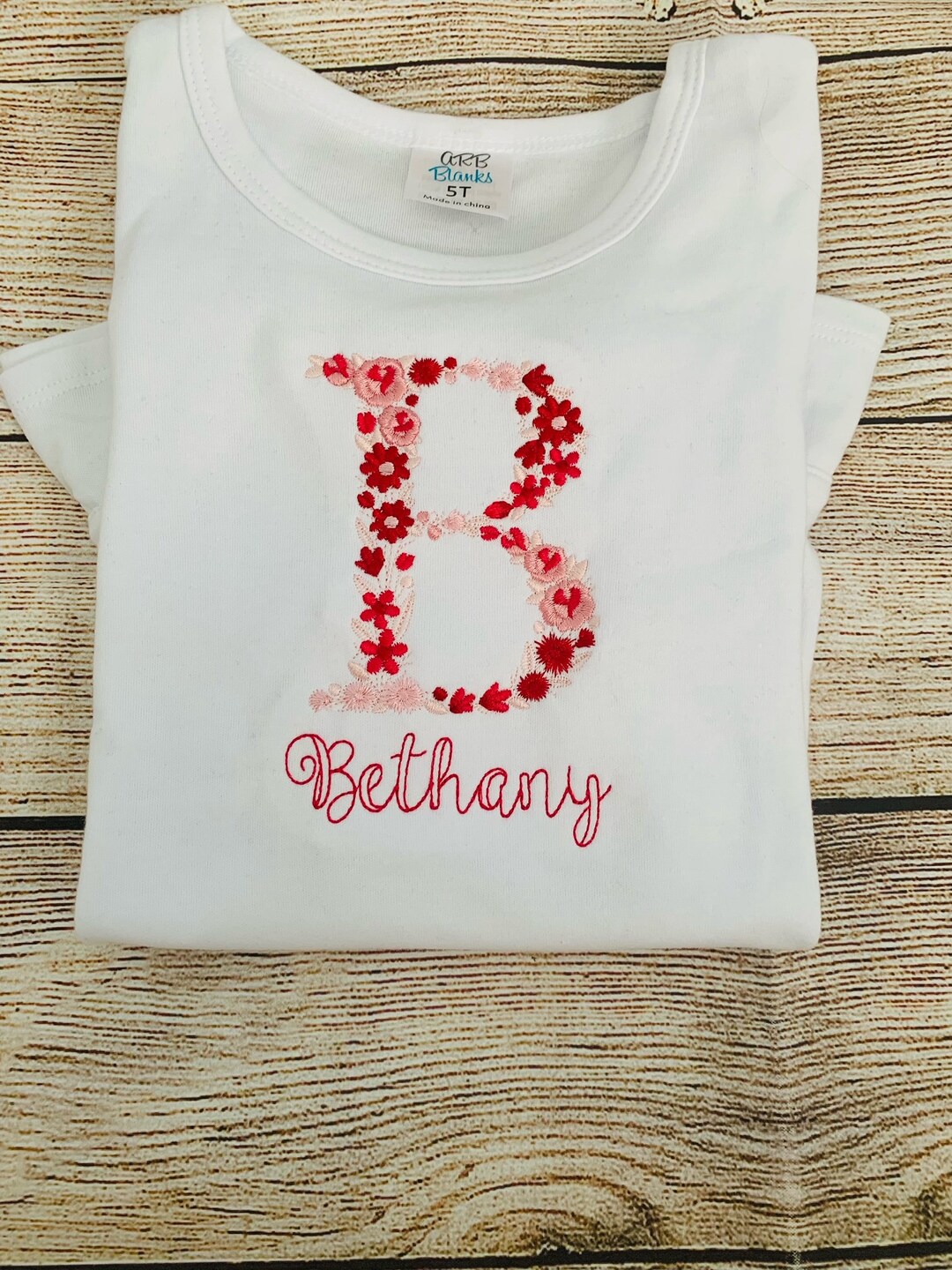 Monogram Floral Shirt for Girls, Embroidered Pink and Red Flower ...