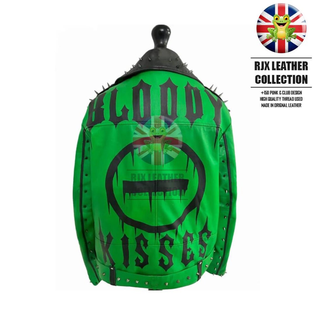 Bloody Kisses Men Green O Negative Studded Leather Jacket Punk Style ...