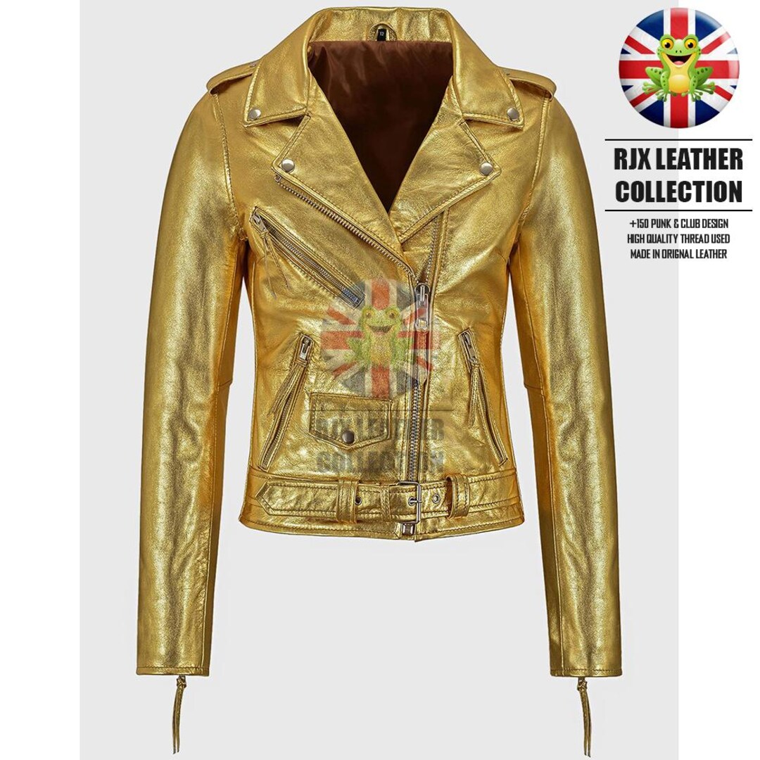 Women's Gold Metallic Jacket With Zipper Long Sleeves Women Real ...