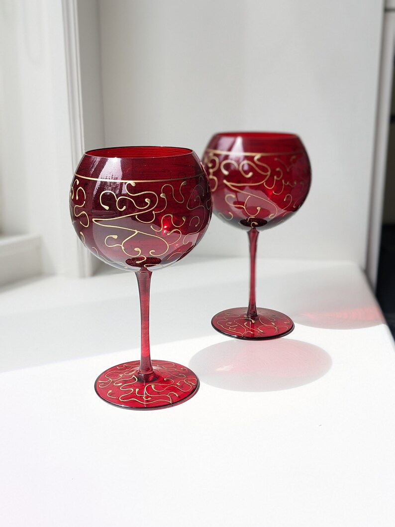 Set of 2 Ruby Red Glasses, Hand Painted, Crafted in Romania - Etsy