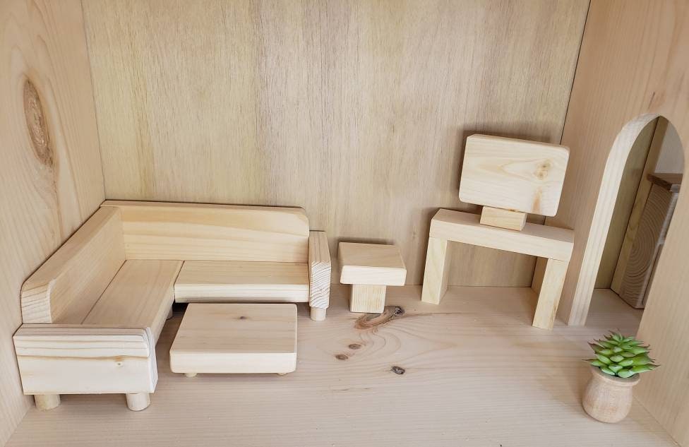NATURAL Wood Dollhouse Sectional, Handmade Wooden Doll House Furniture ...