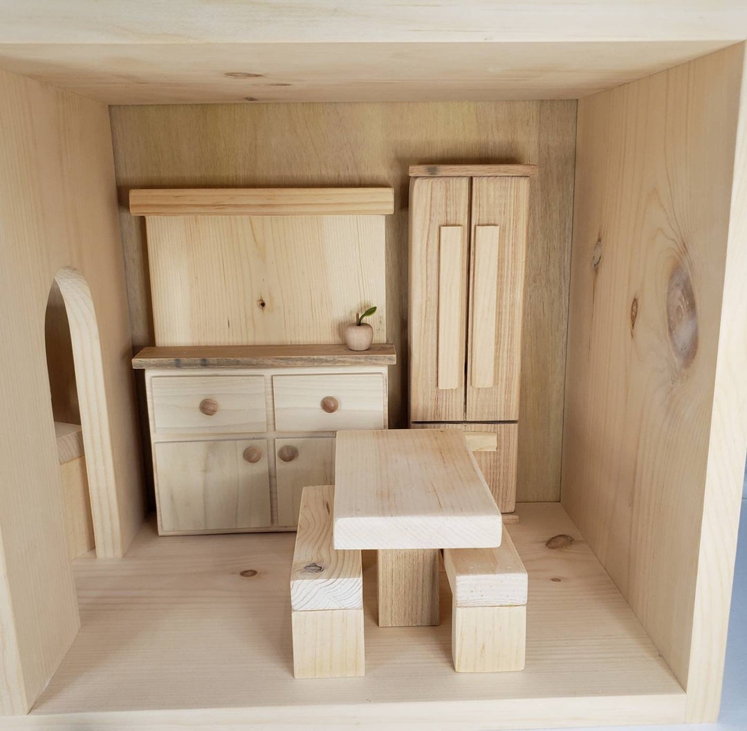 1:6 Scale Wood Dollhouse FARMHOUSE TABLE, Refrigerator, Cupboard ...