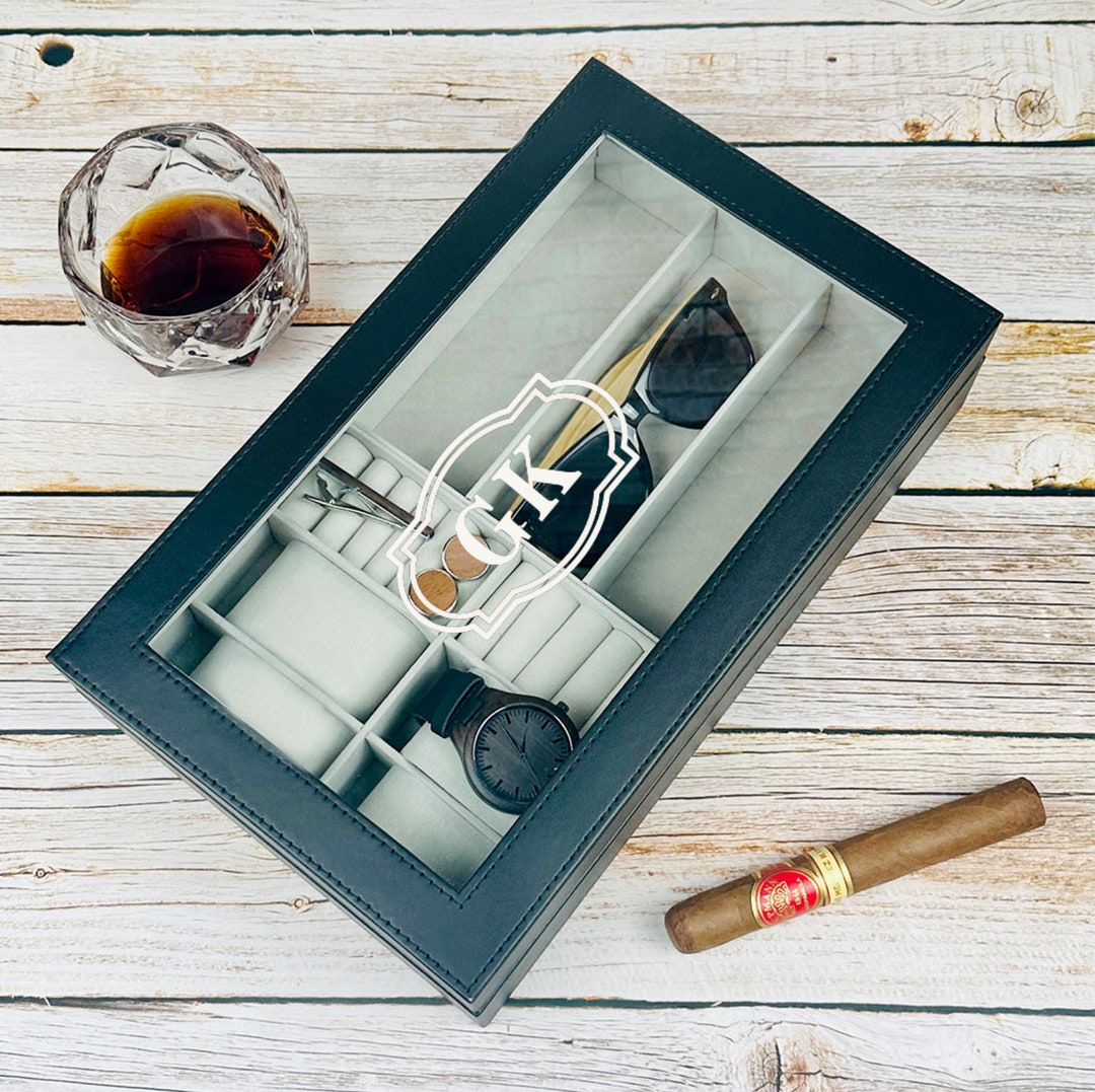 Personalized Watch Box for Men: Vegan Leather Glass Top Organizer - Etsy