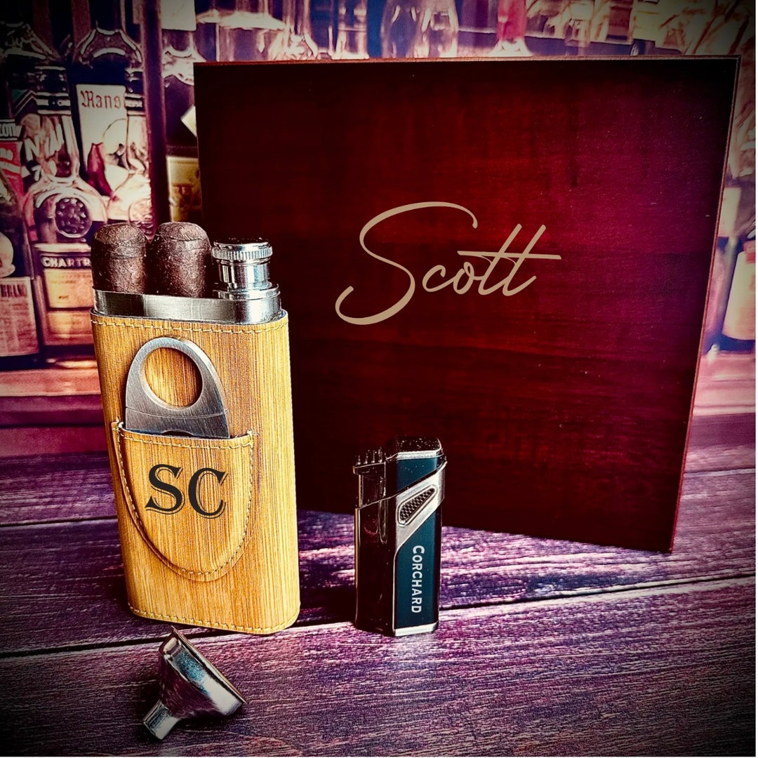 Engraved Cigar Holder, Flask Gift Set, Engraved Lighter, Cigar Holder ...