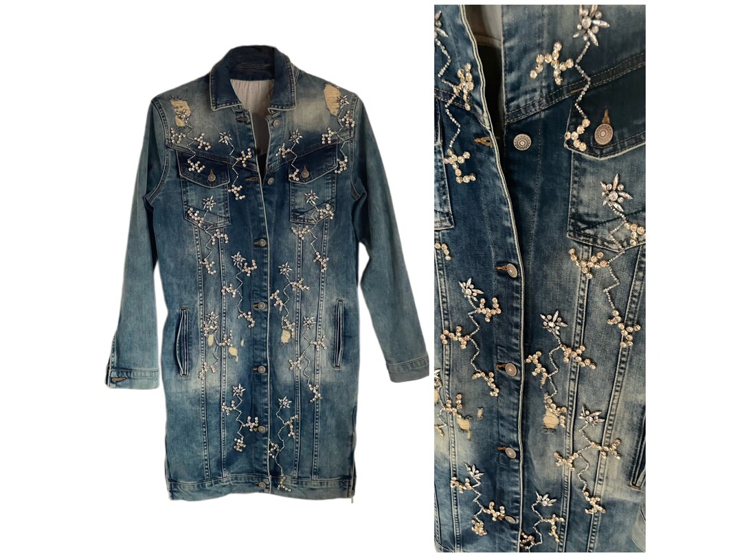 Rhinestone Jeweled Embellished Blue Jean Jacket,long Denim Jacket, - Etsy