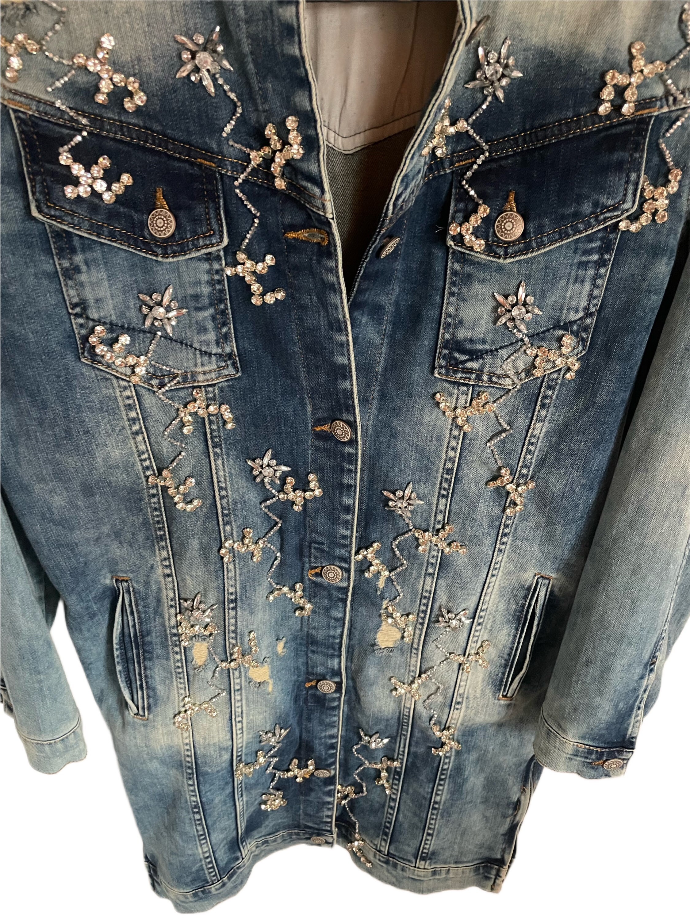 Rhinestone Jeweled Embellished Blue Jean Jacket,long Denim Jacket, - Etsy