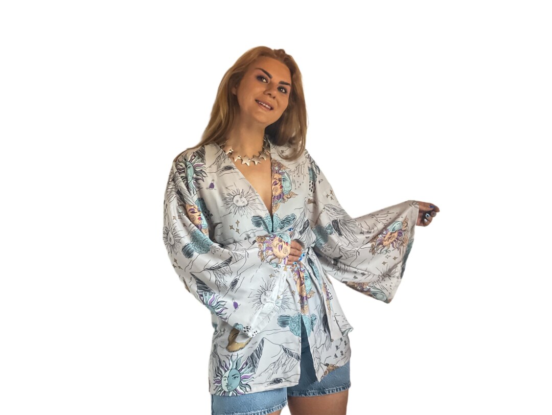 Sun & Moon Kimono Robe – Celestial Gray Beach Cover up – Short Belted ...