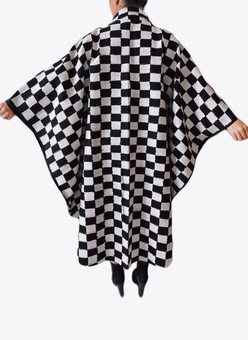 Checkered Wool Hooded Cape in Black and White, Plaid Felt Poncho ...