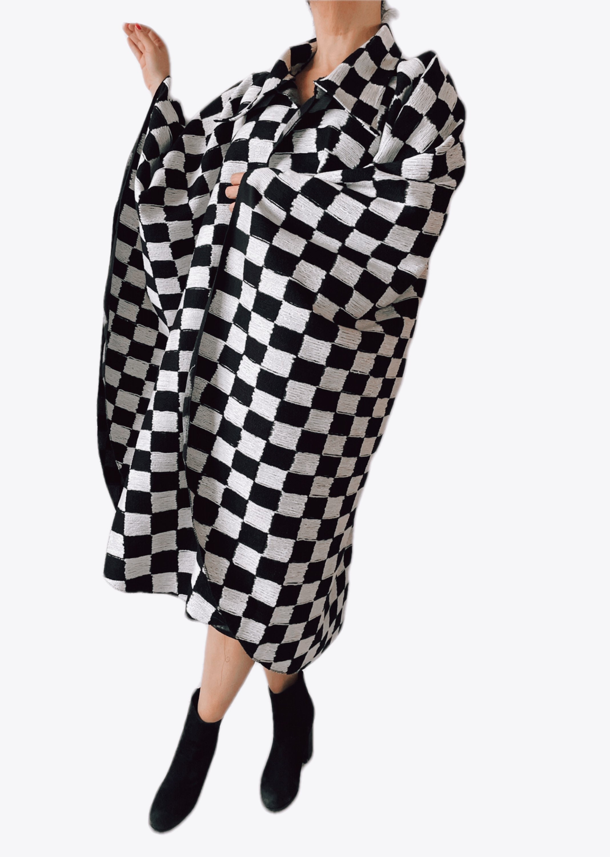 Checkered Wool Hooded Cape in Black and White, Plaid Felt Poncho ...