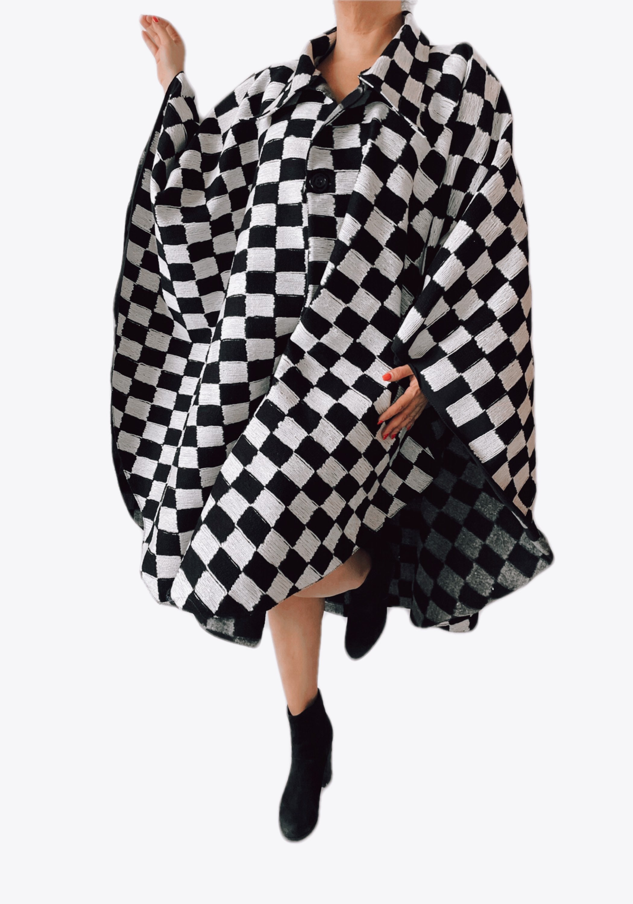 Checkered Wool Hooded Cape in Black and White, Plaid Felt Poncho ...