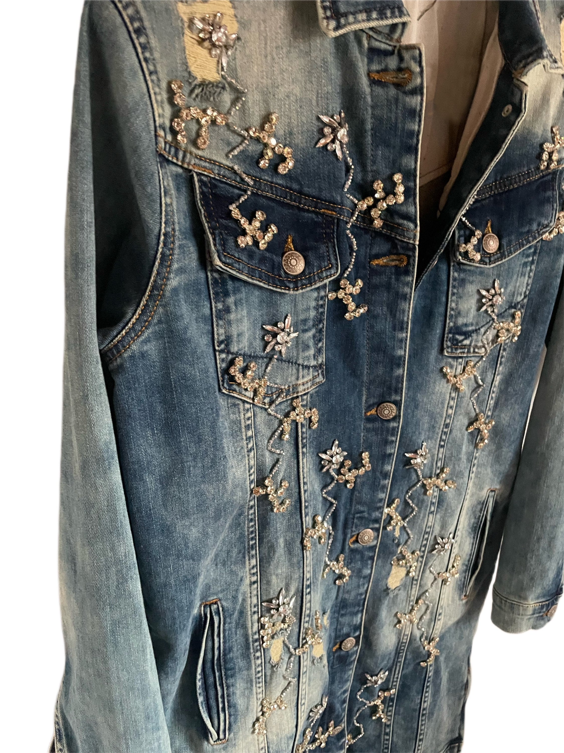 Rhinestone Jeweled Embellished Blue Jean Jacket,long Denim Jacket, - Etsy