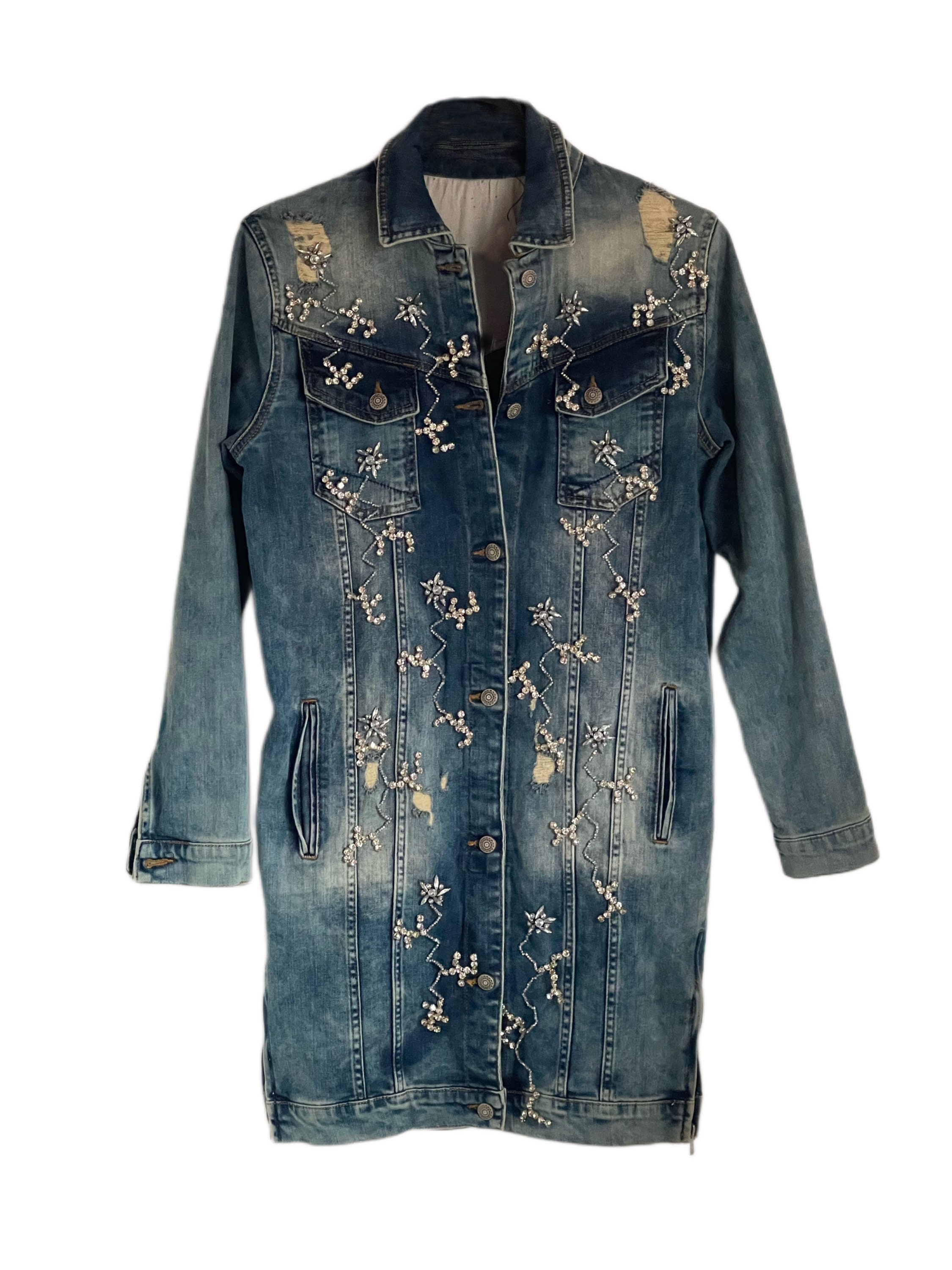 Rhinestone Jeweled Embellished Blue Jean Jacket,long Denim Jacket, - Etsy