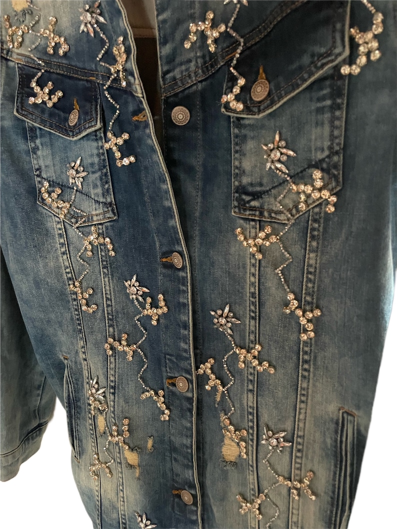 Rhinestone Jeweled Embellished Blue Jean Jacket,long Denim Jacket, - Etsy