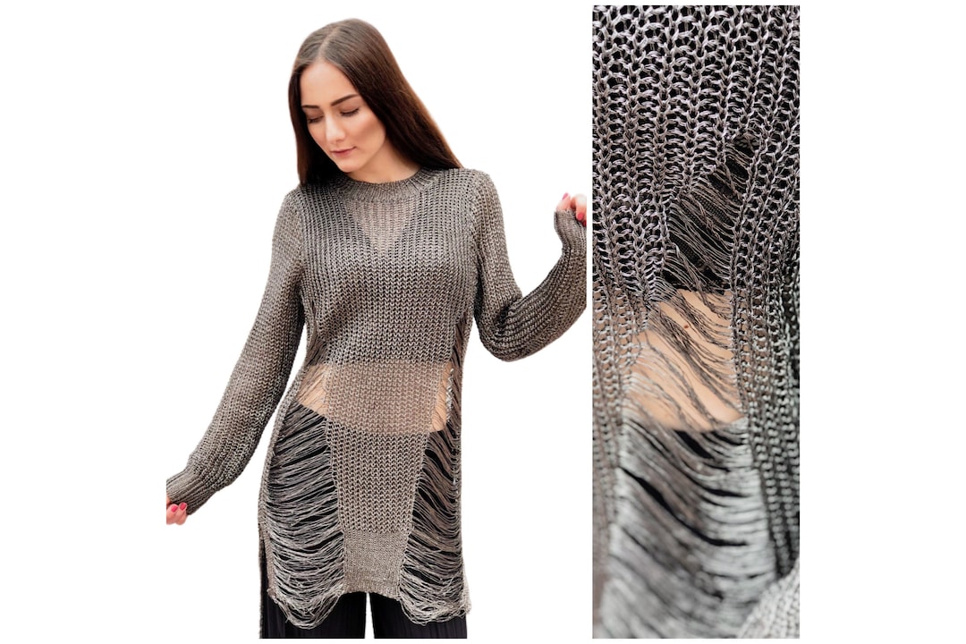 DISTRESSED Bronze Metallic SWEATER,FISHNET Transparent Top,see Through ...