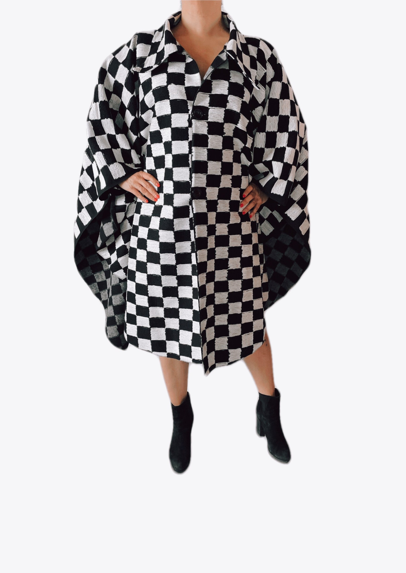 Checkered Wool Hooded Cape in Black and White, Plaid Felt Poncho ...