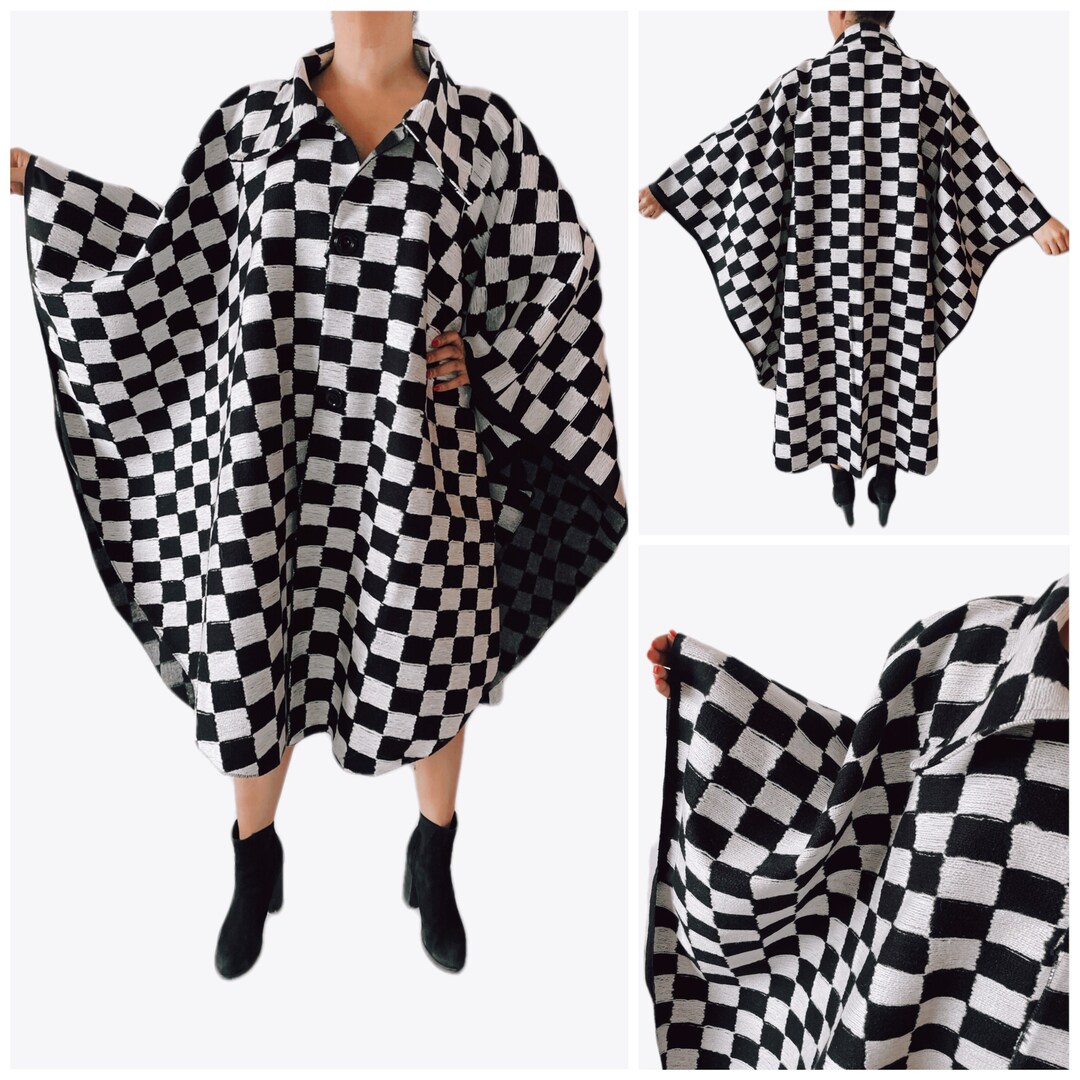 Checkered Wool Hooded Cape in Black and White. Plaid Felt - Etsy