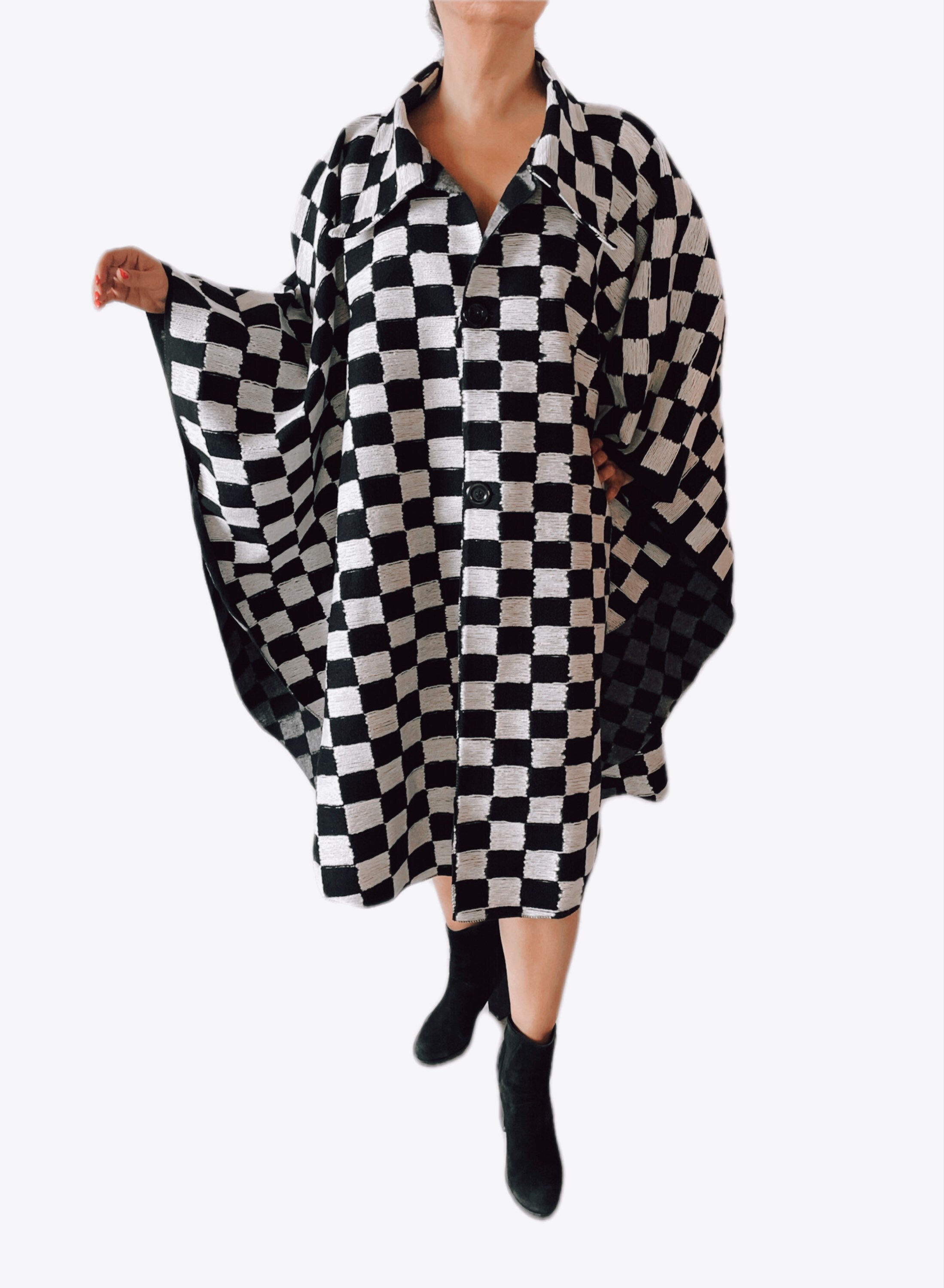 Checkered Wool Hooded Cape in Black and White. Plaid Felt - Etsy