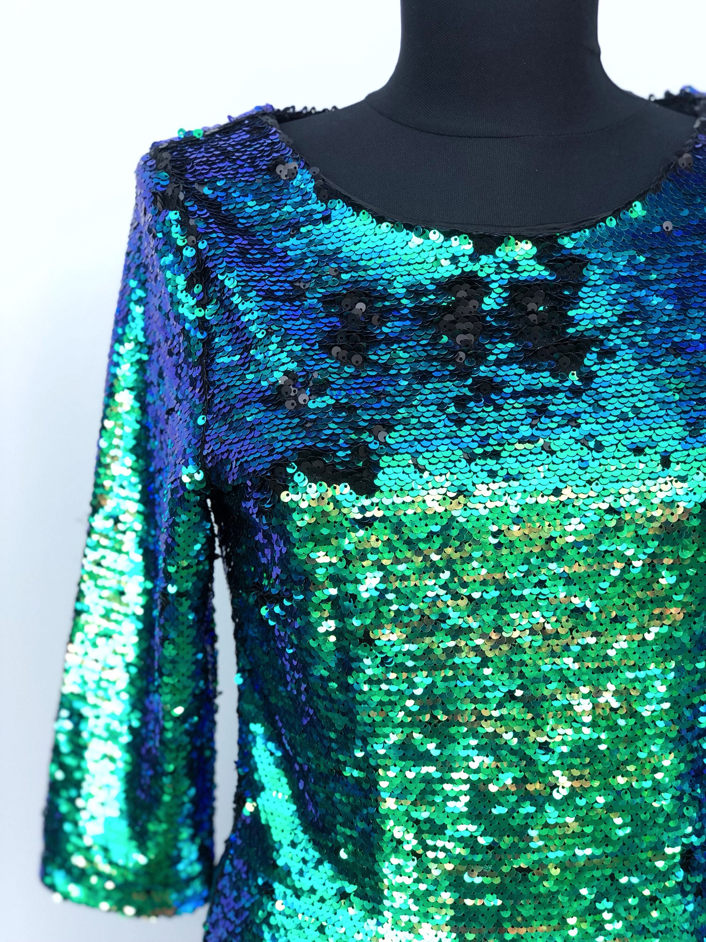 Green Blue Iridescent Sequined Mermaid Reflection Cocktail Dress 3/4 ...