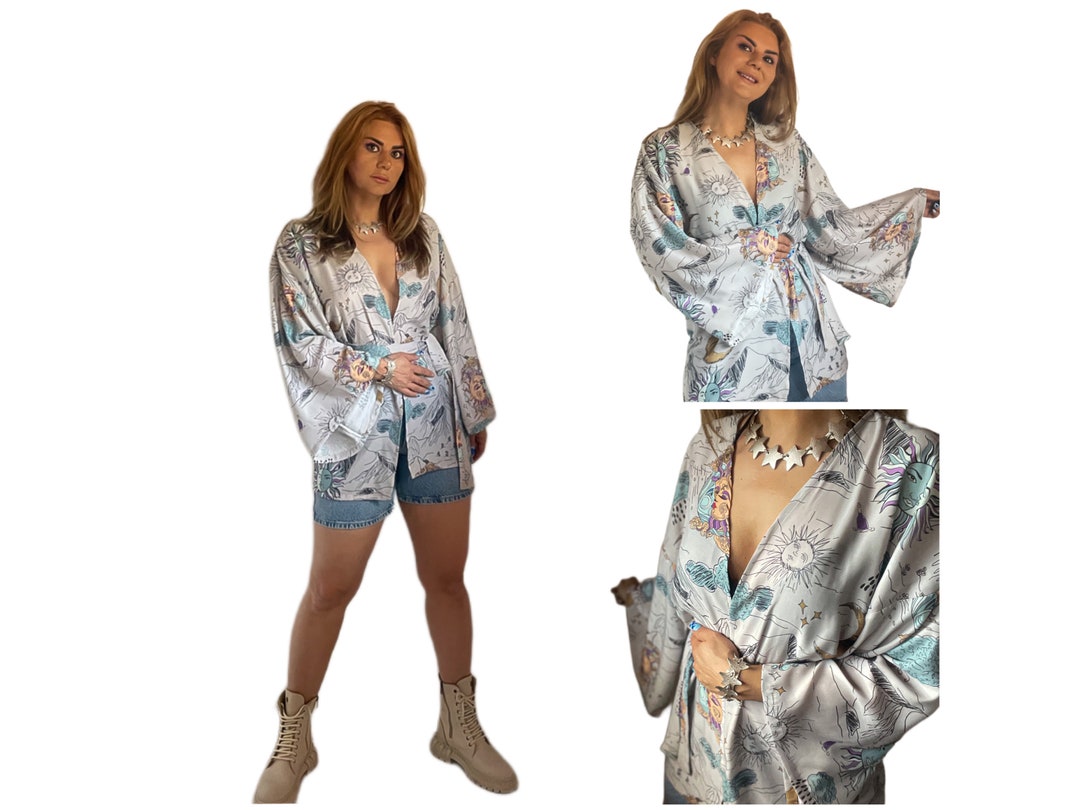 Sun Moon Kimono Robe. Celestial Print Gray Beach Cover Up. Women's ...