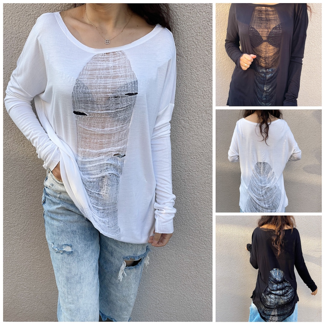 Distressed Long Sleeve Tshirt Top,unisex Hand Shredded Top,grunge ...