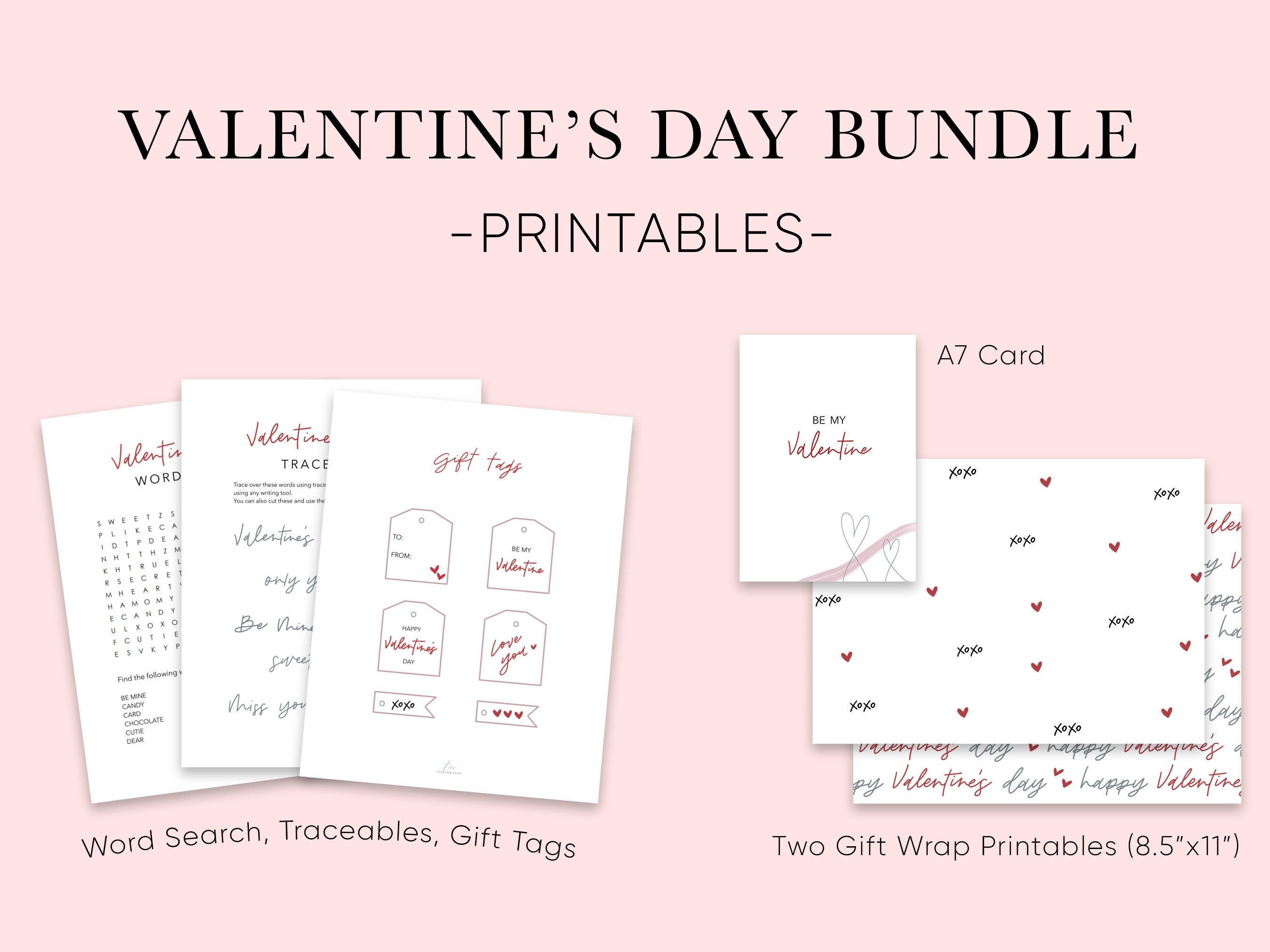 Valentine's Day Bundle 6 Printables Total 2 Gift Wrapping, A7 Valentine ...