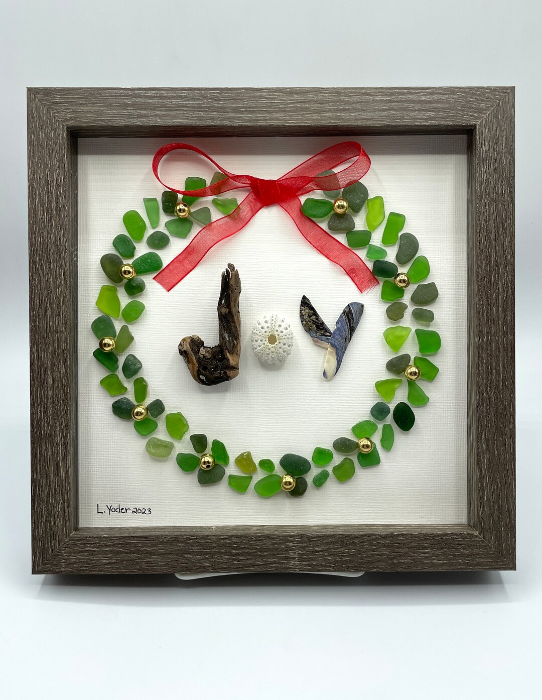 Joy, Sea Glass Art, Seashell Art, Driftwood Art, Christmas Wreath ...