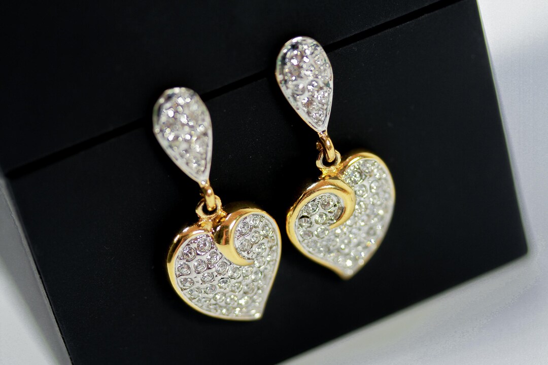 14K GOLD POST Vintage Butler Heart-shape Dangle Stud Earrings Pavé ...