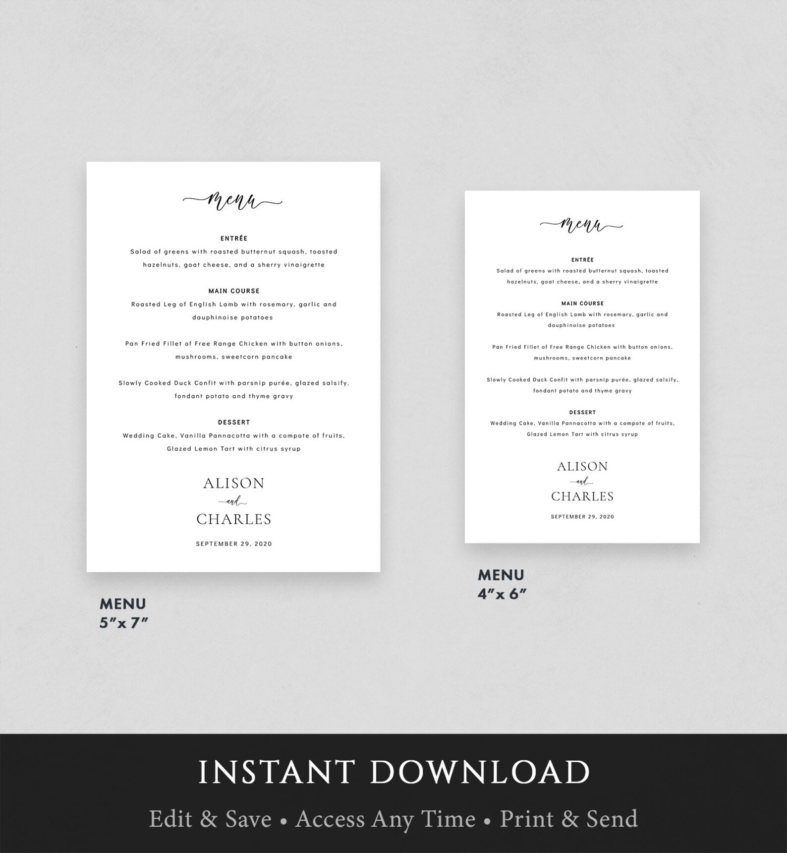 Wedding Menu Template Classic Formal Dinner Menu Card - Etsy